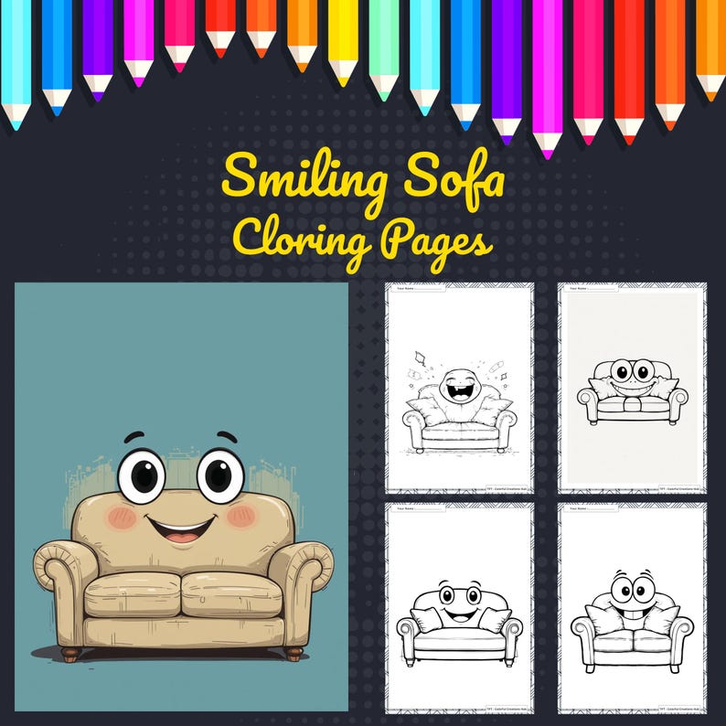 Smiling Sofa Coloring Pages, Kawaii Furniture Printable Art, Cute ...
