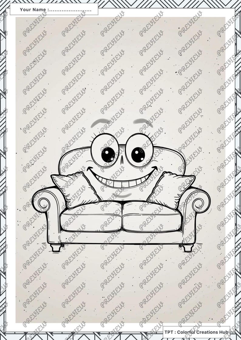 Smiling Sofa Coloring Pages, Kawaii Furniture Printable Art, Cute ...