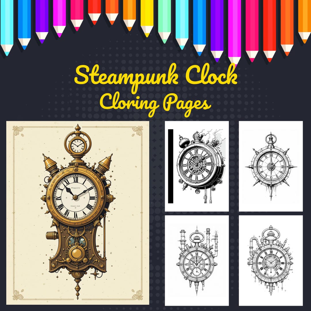 Steampunk Clock Coloring Pages, Printable Vintage Gear Clock Art ...