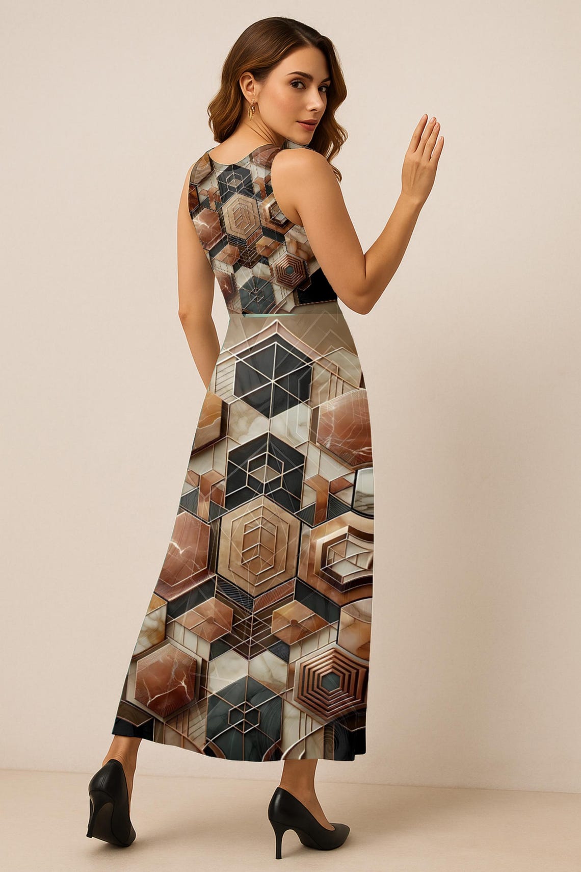 Brown Marble Color Maxi Dress | Sleeveless Ruffle Hem | Soft ...