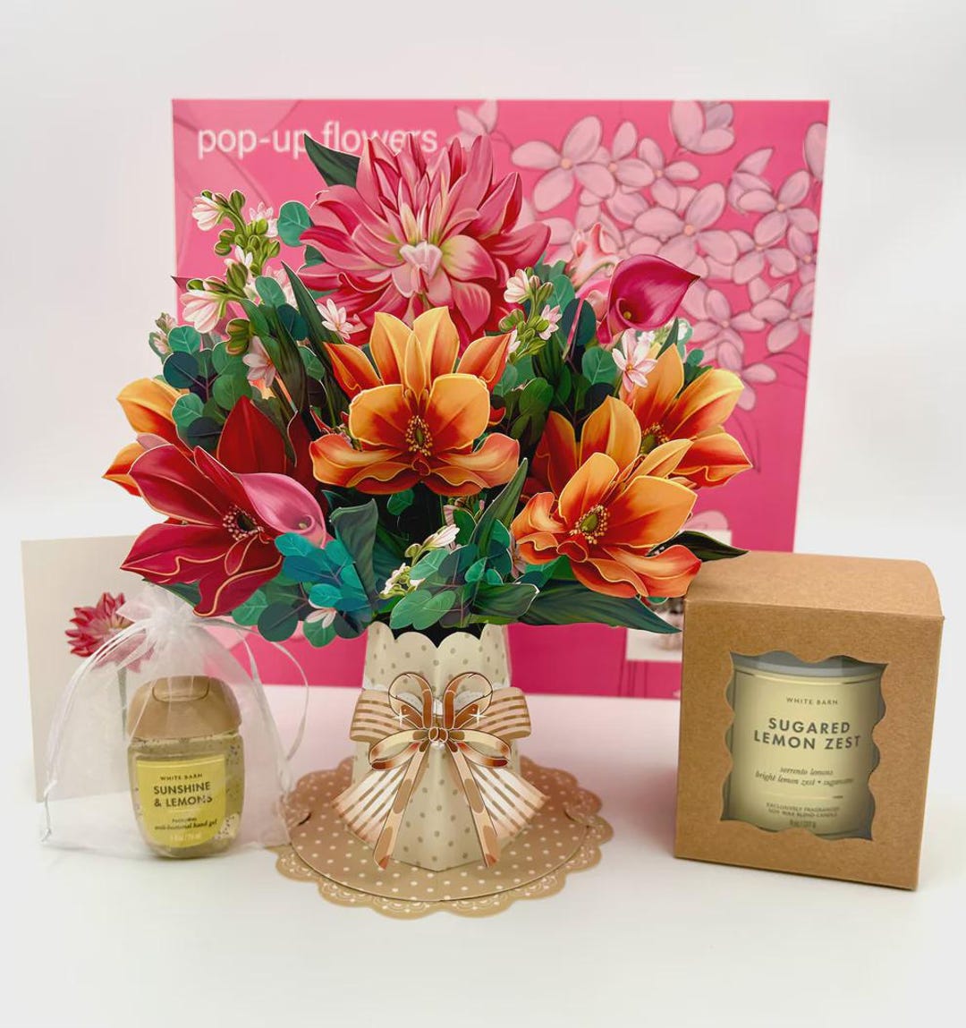 3D Pop-up Flower Bouquet Gift Set W/ Candle, Hand Sani, & Personalized ...
