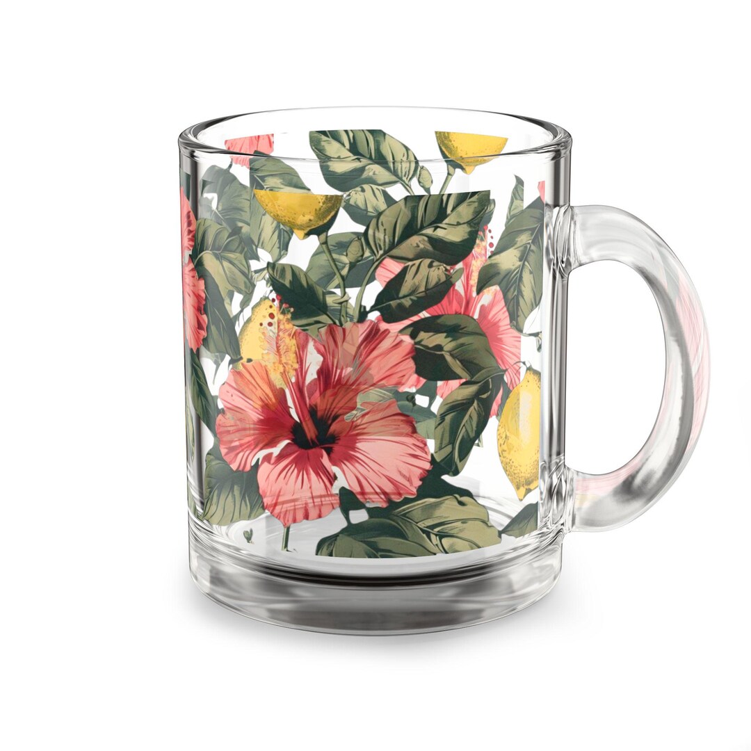 Tropical Floral Glass Mug | 10oz Hibiscus & Lemon Design - Etsy