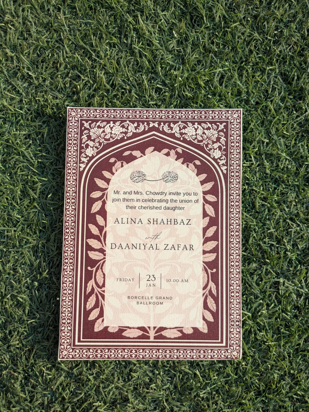 Elegant Floral Motif Border Invitation, Luxurious Maroon and White Katb ...