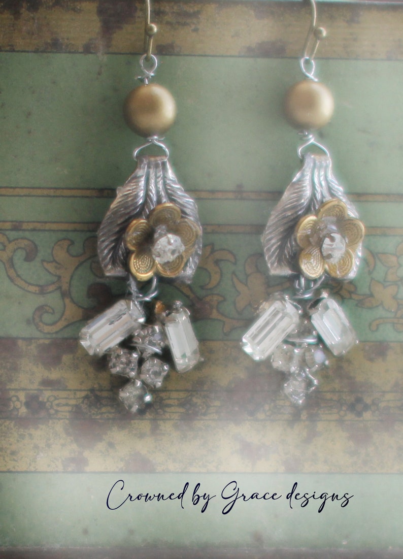 Gilded Lilies Earrings ~ Gold Flowers, Baquette Rhinestones, Silver ...
