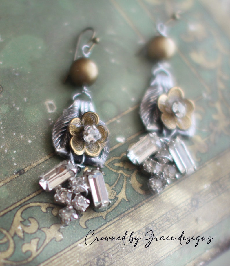 Gilded Lilies Earrings ~ Gold Flowers, Baquette Rhinestones, Silver Leaves Vintage Assemblage ...