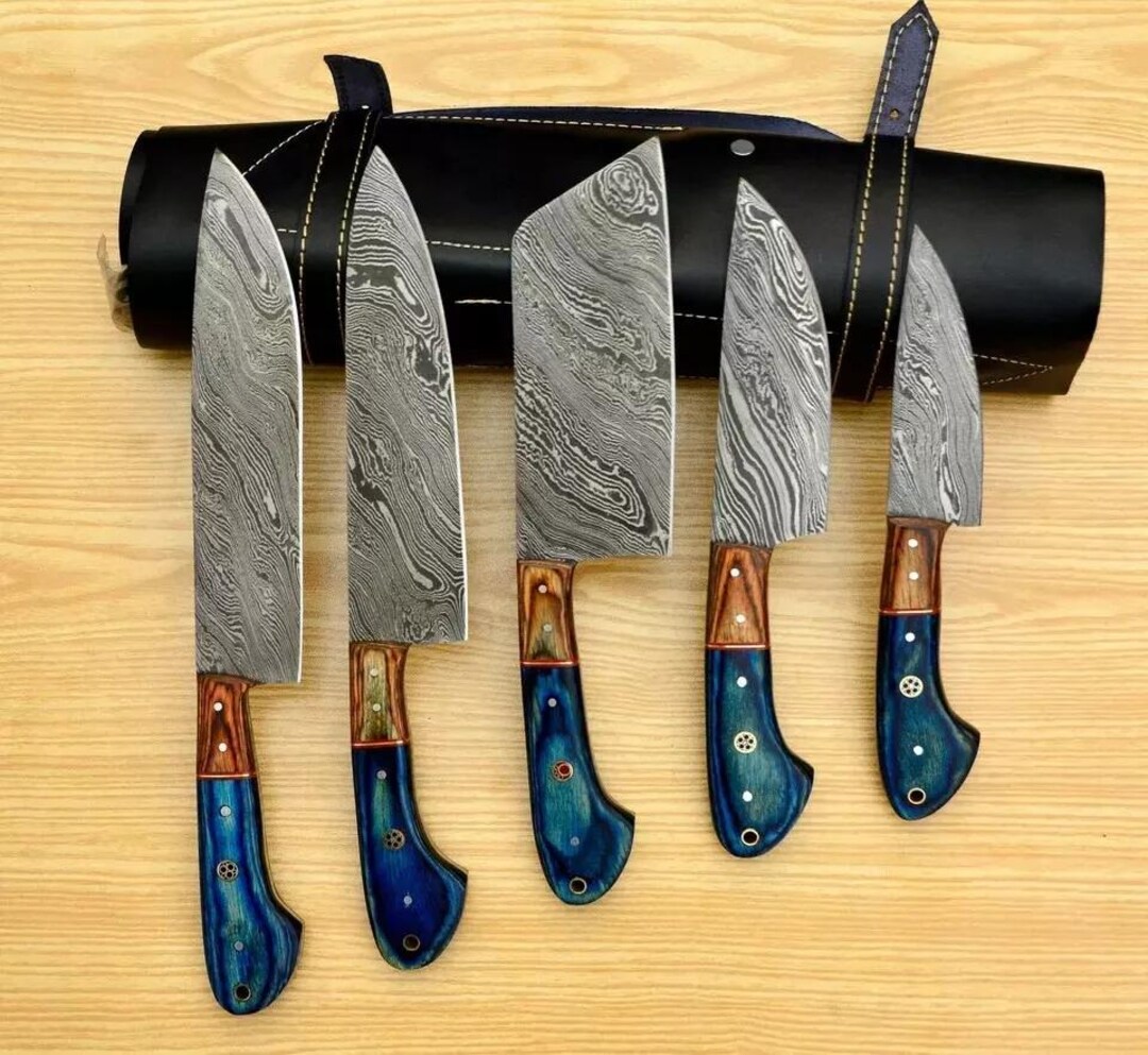 Handmade 5PCS Damascus Steel Chef Knife Set With Leather Roll Bag ...
