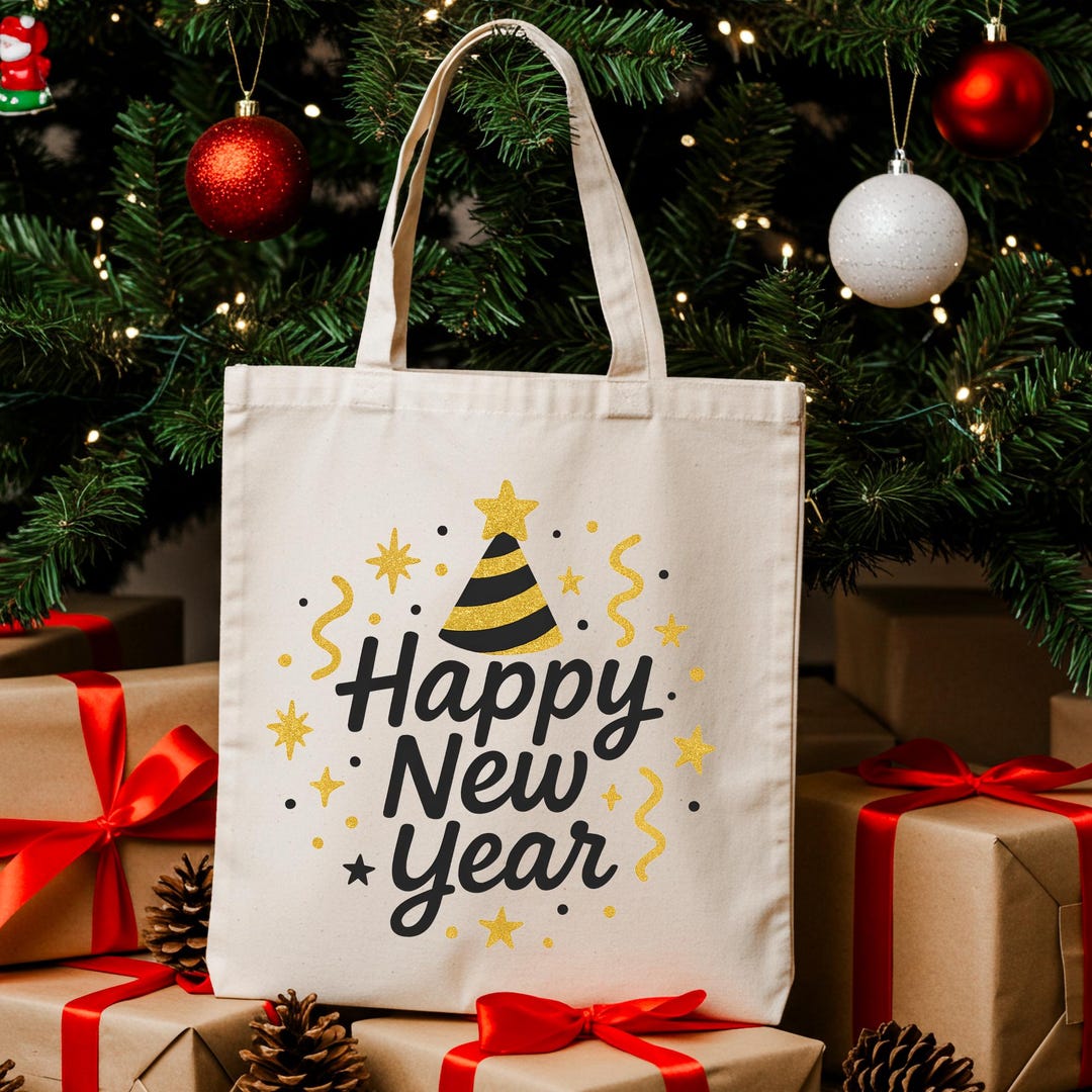 Happy New Year Tote, Gold Glitter Party Hat New Years Eve Bag, Festive ...