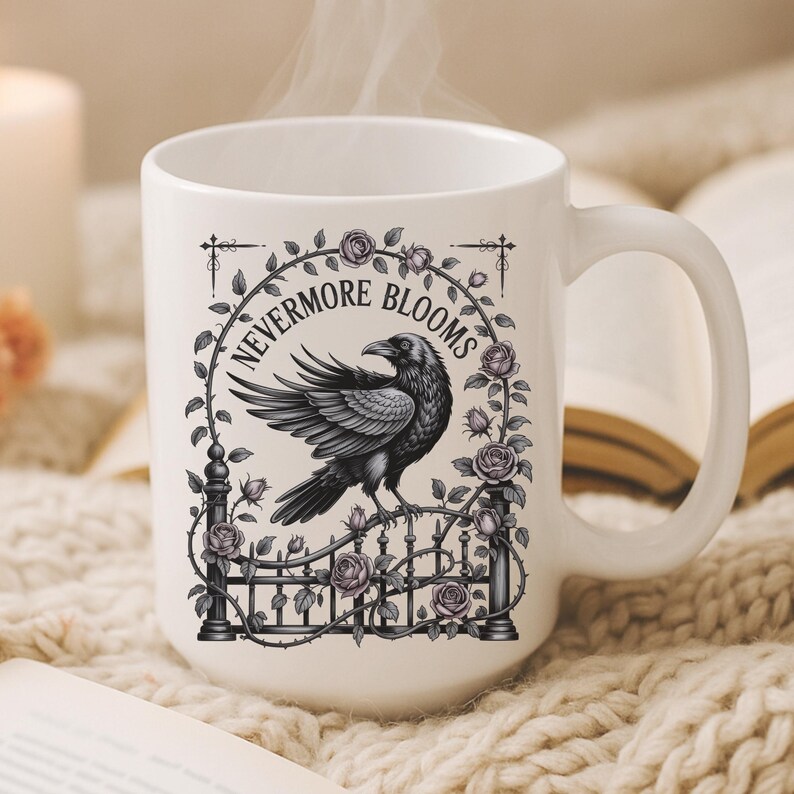 Raven Coffee Mug, Gothic Floral Bookish Gift, Dark Academia Decor, 15oz ...