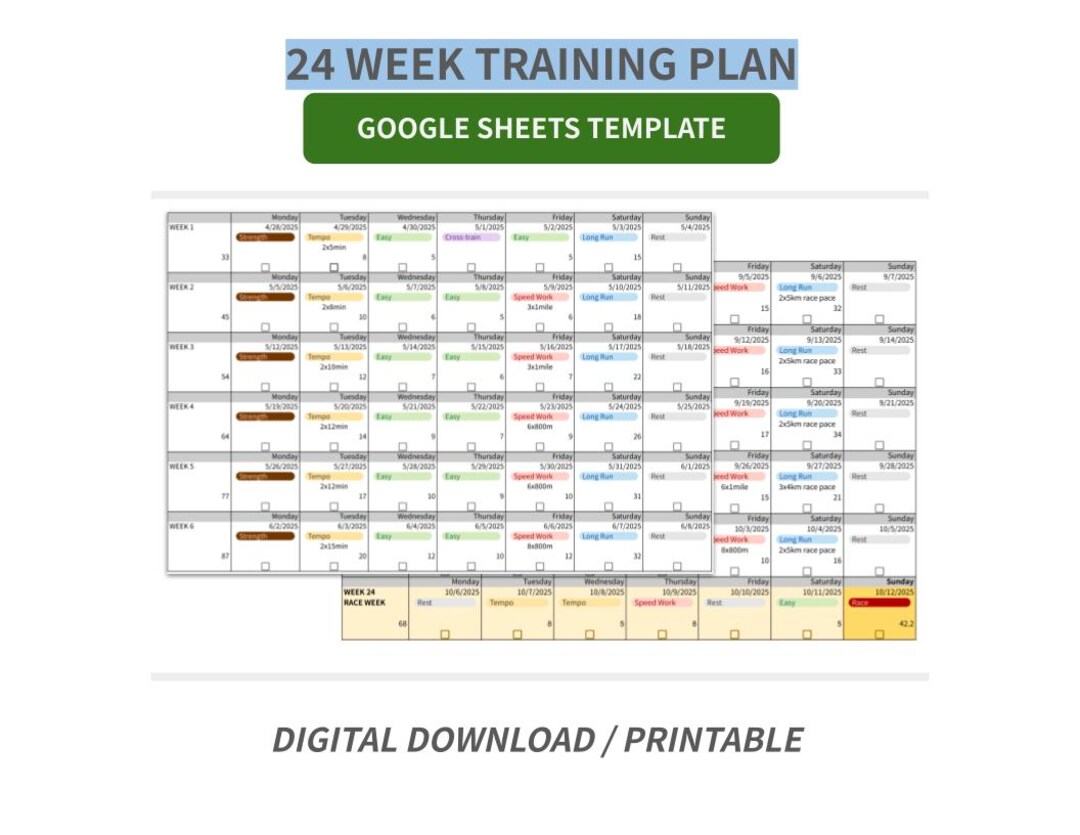 24 Week Training Plan Template for Running - Digital Download ...