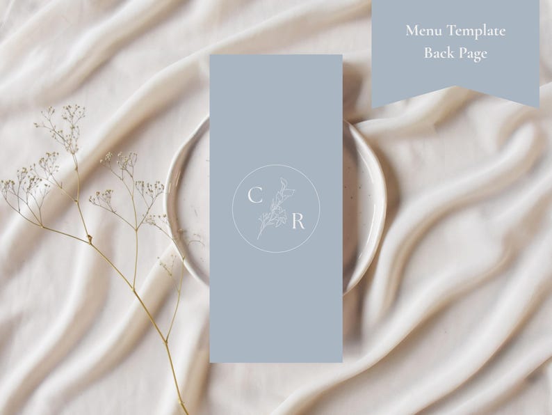 Dusty Blue Floral Wedding Menu Template: Elegant Monogram Crest (canva ...