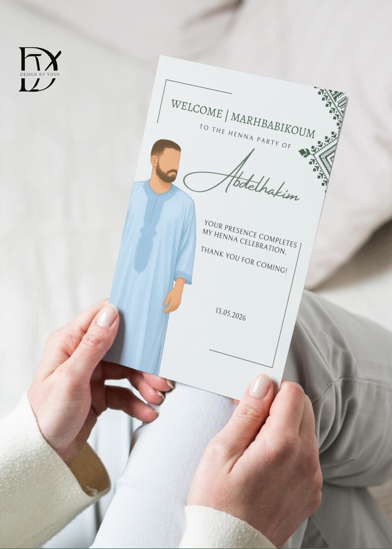 Editable Green and Blue Moroccan Arab Henna Party Groom/ Men Table Card ...