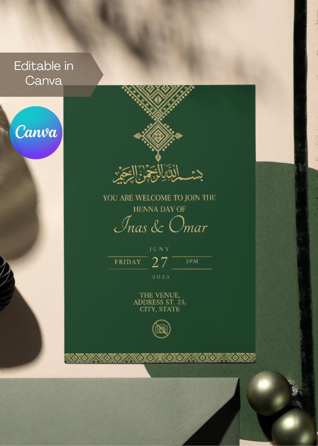 Editable Green Gold Moroccan Fessi Henna Party Ceremony Invitation ...
