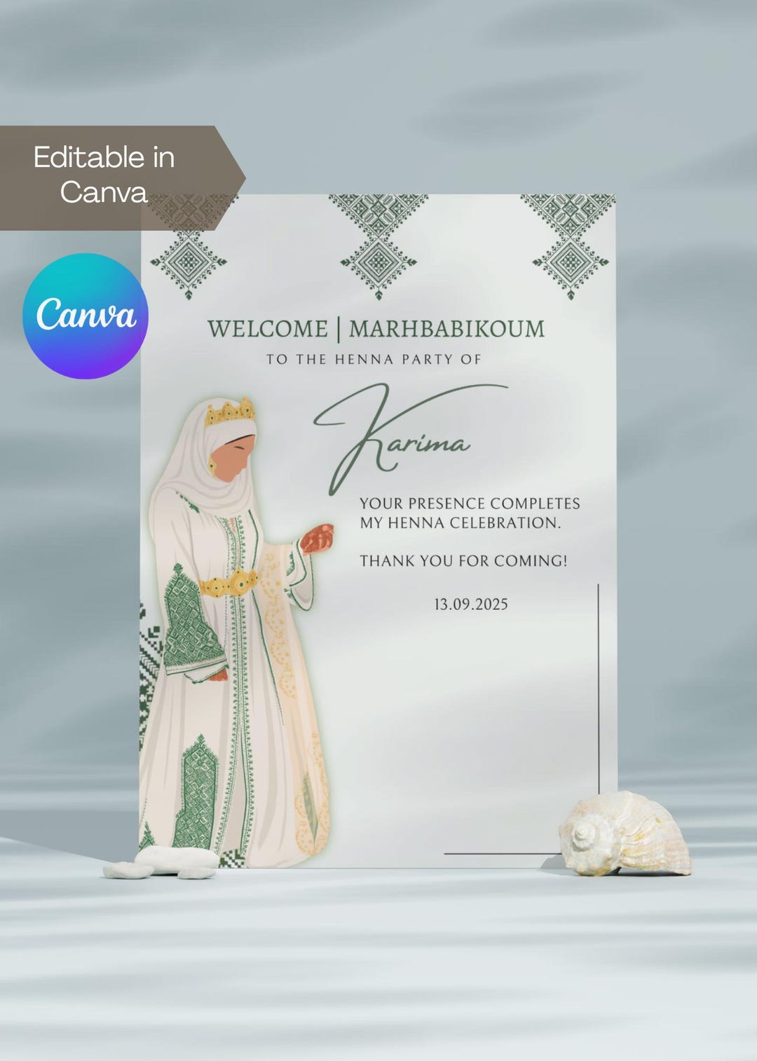 Editable Green Moroccan Hijabi Henna Party Ceremony Gift Card for Guest ...