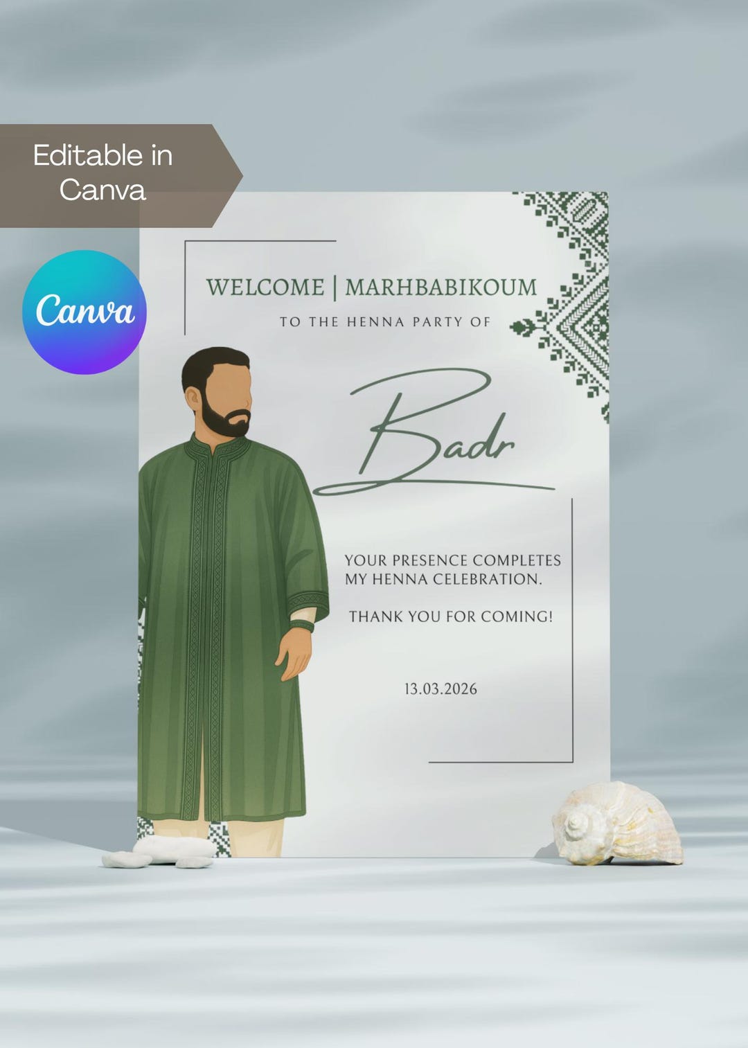 Editable Green Moroccan Henna Party Groom/ Men Table Card | Laylat Al ...
