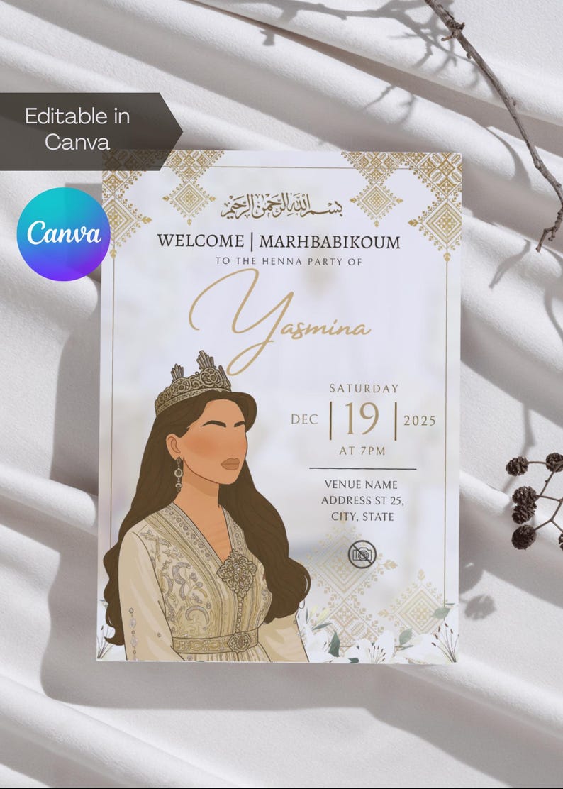 Editable Gold Beige Moroccan Henna Party Night Ceremony Digital Canva ...
