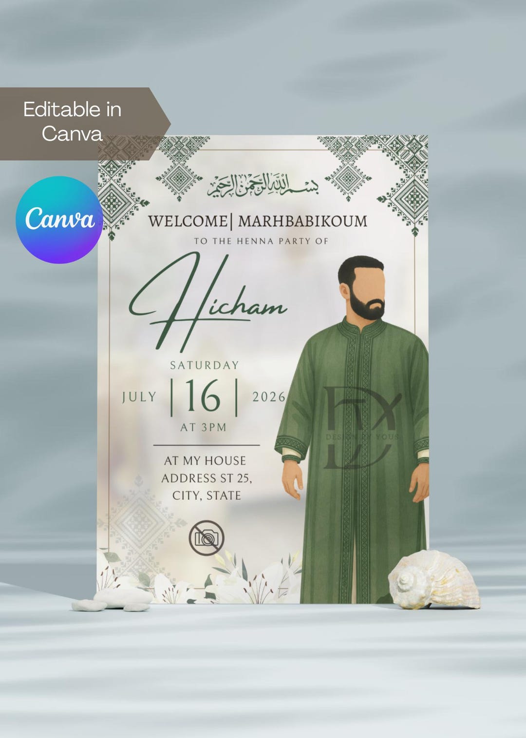 Editable Green Moroccan Henna Party Groom/ Men Table Card | Laylat Al ...