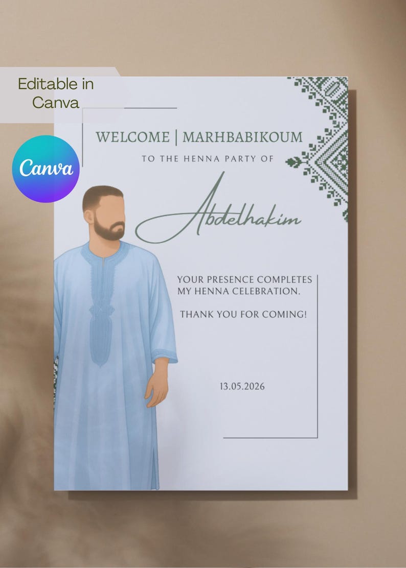 Editable Green and Blue Moroccan Arab Henna Party Groom/ Men Table Card ...