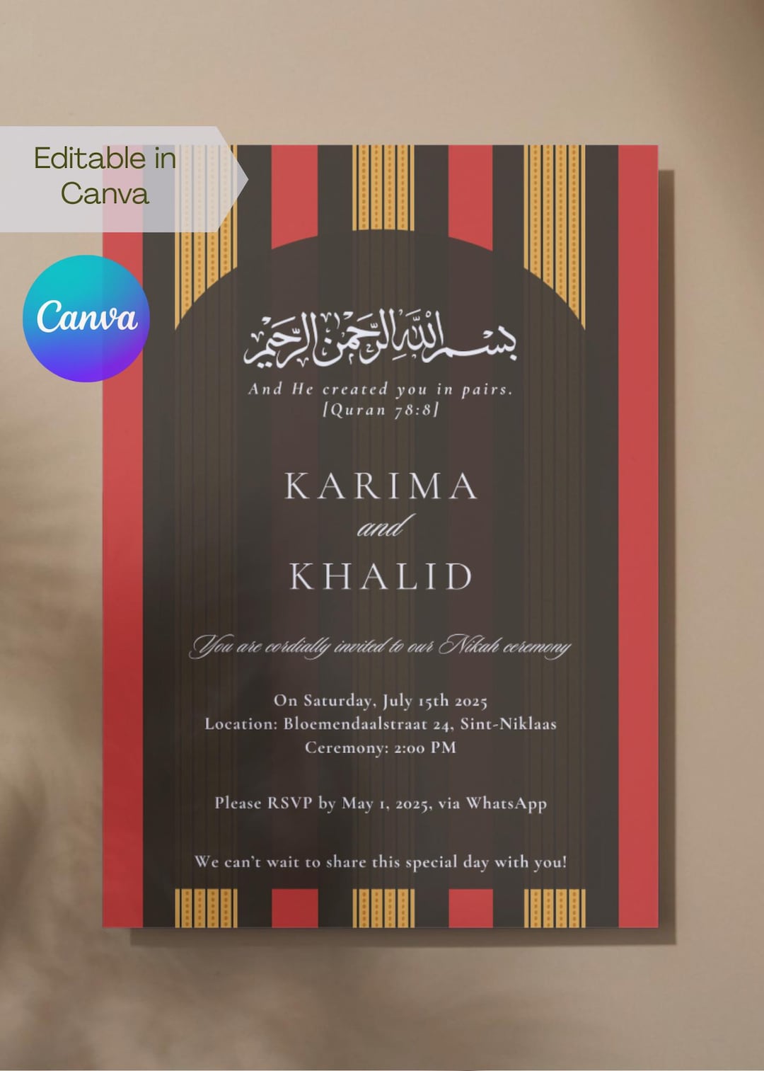 Editable Black Yemeni Islamic Muslim Wedding Card| Red Gold Henna ...