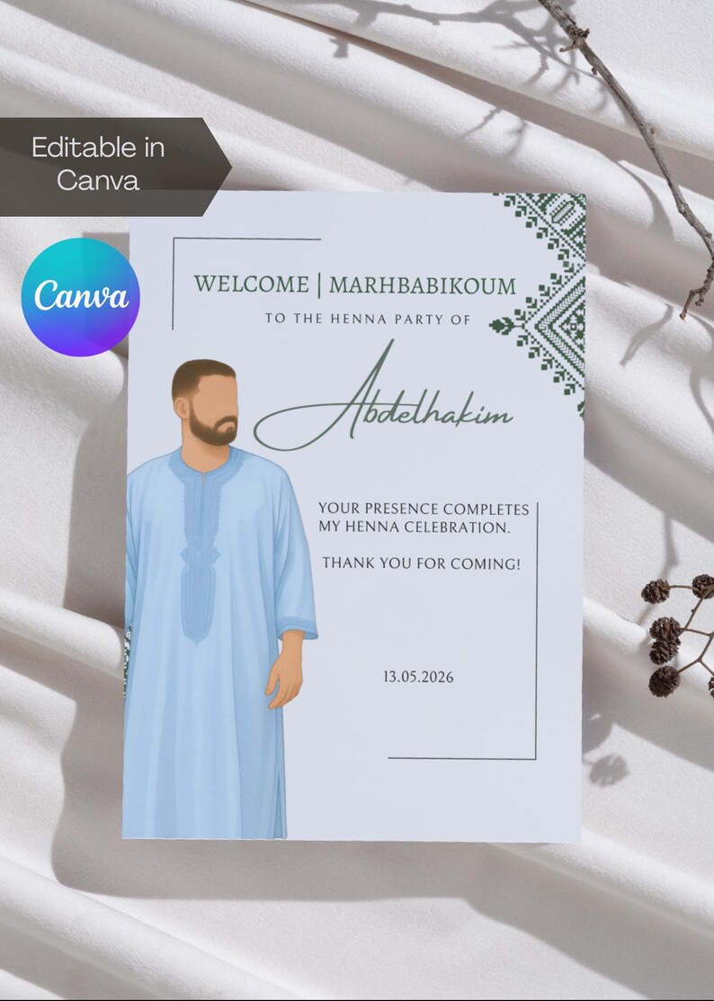 Editable Green and Blue Moroccan Arab Henna Party Groom/ Men Table Card ...