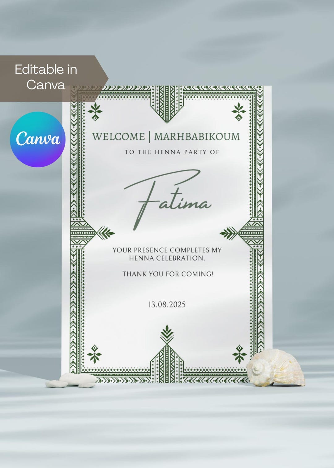 Editable Green Moroccan Henna Party Ceremony Table Card | Laylat Al ...