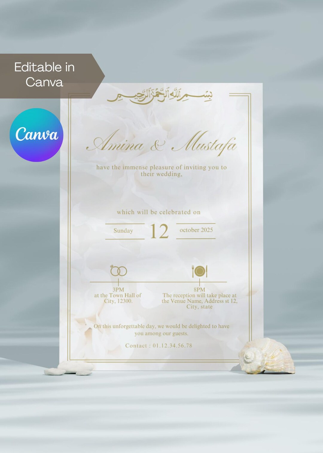 Editable Islamic Wedding/ Nikah Invitation | Gold Beige Design| Muslim ...