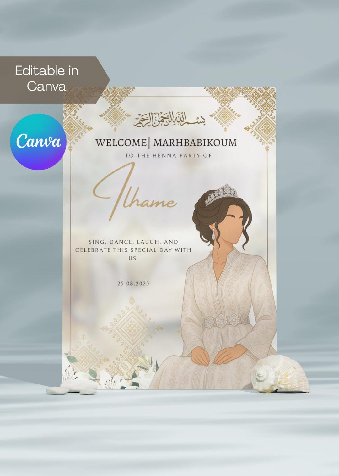 Editable Gold Moroccan Henna Party Night Ceremony Table Card/ Welcome ...