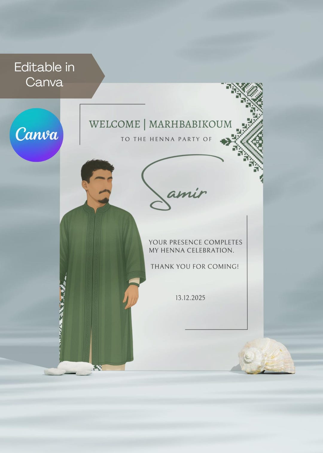 Editable Green Moroccan Henna Party Groom/ Men Table Card | Laylat Al ...