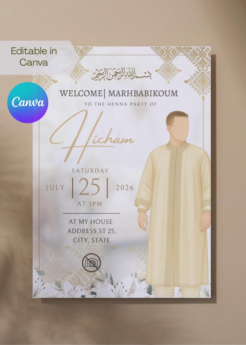 Editable Gold Moroccan Groom Beige Jabador Henna Party Night Ceremony ...