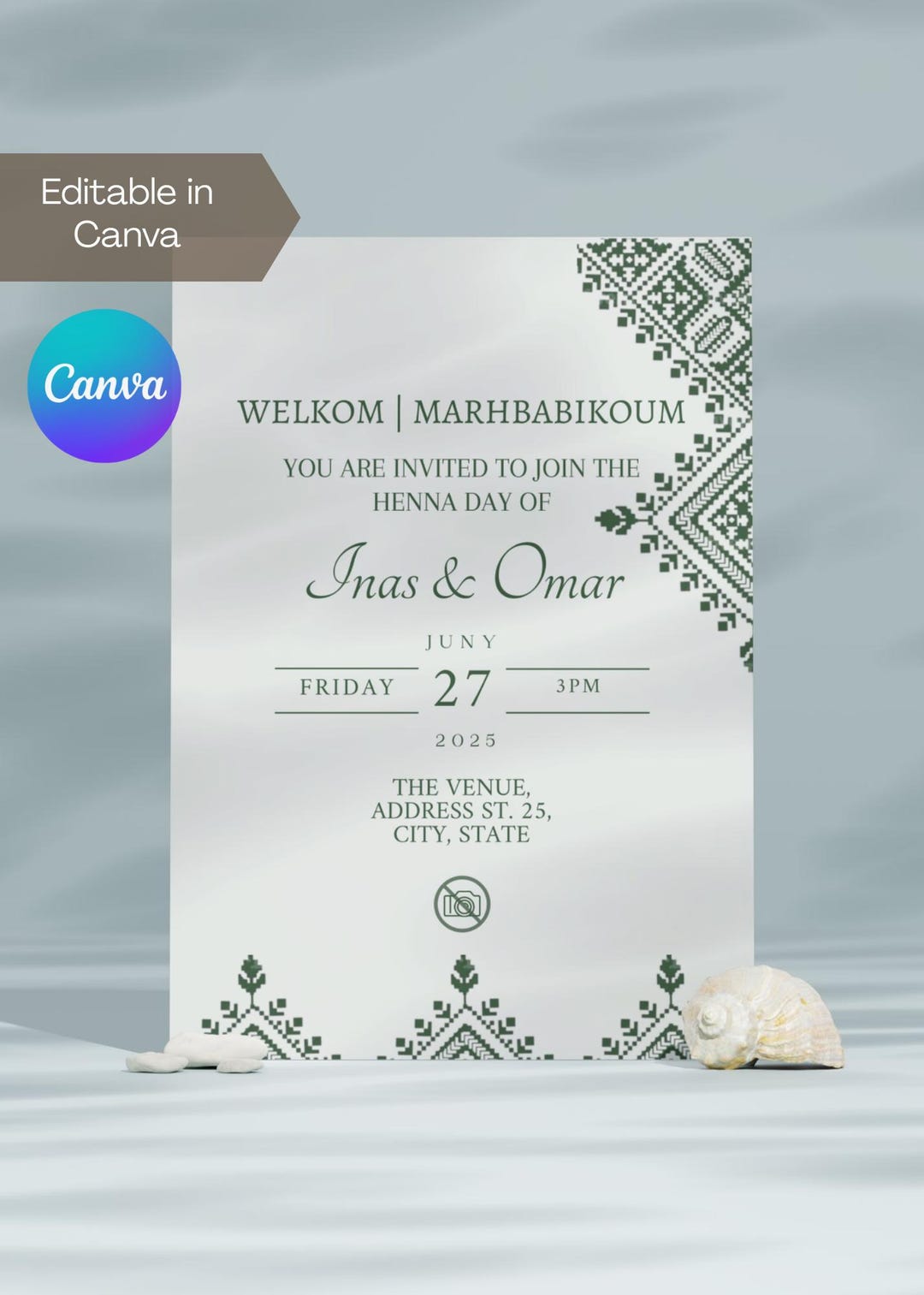 Editable White Green Moroccan Fessi Henna Party Ceremony Invitation ...