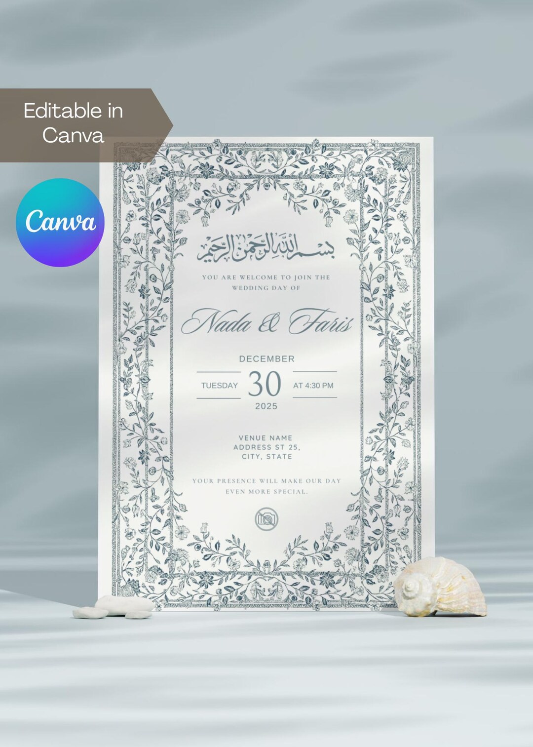 Editable Islamic Wedding Nikah Invitation | Blue Flowers Floral Muslim ...