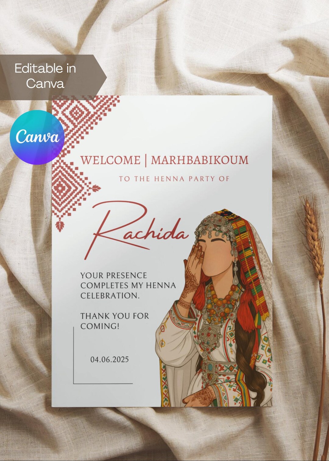 Editable Red Riff Moroccan Riffian Fessi Henna Night Party Table Card ...