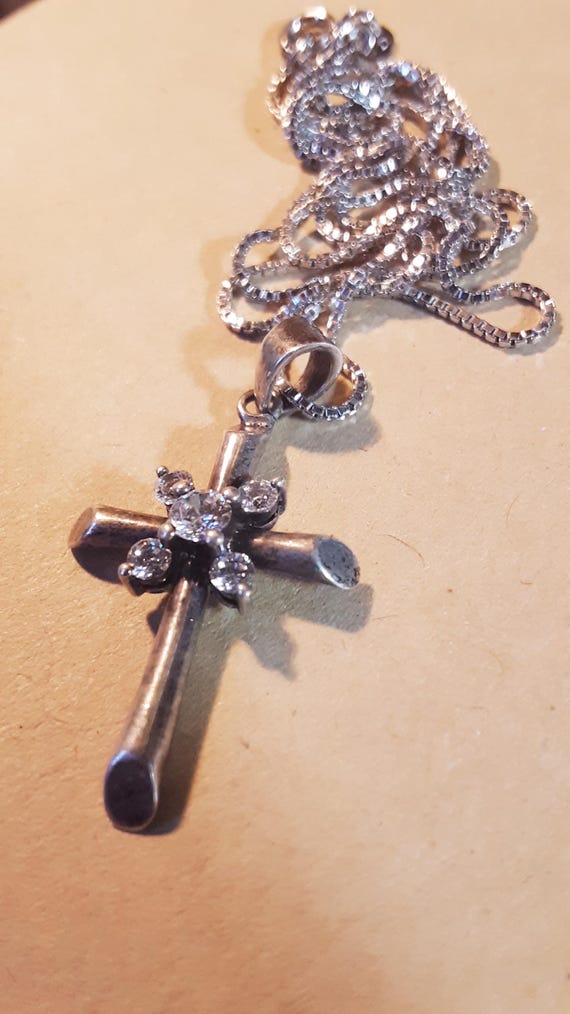 Sterling Silver Rhinestone Cross with Sterling 18 inc… - Gem