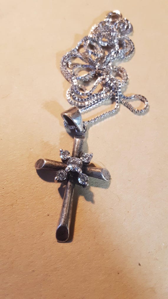 Sterling Silver Rhinestone Cross with Sterling 18 inc… - Gem