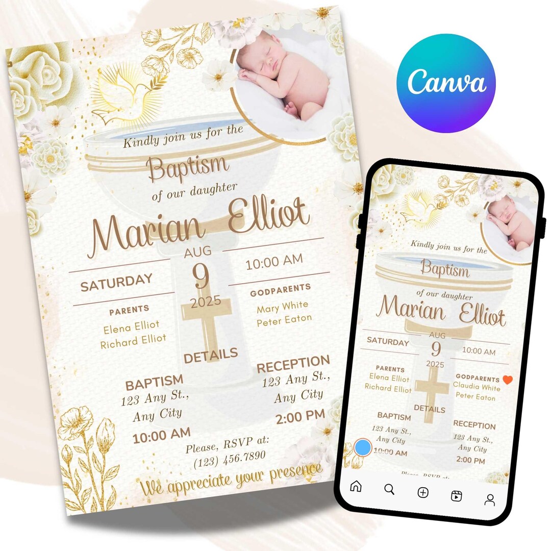 Editable Digital Baptism Invitation, Canva Template. Baptism Invitation ...