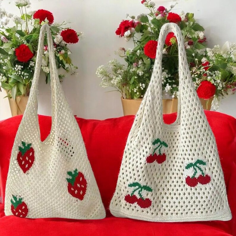Women Fashion Strawberry Cherry Pattern Crochet Tote Bag Large Capacity ...