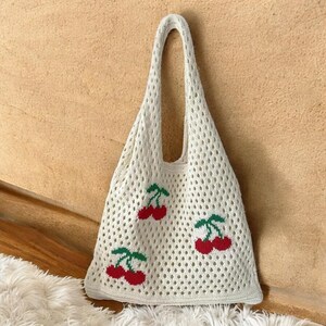 Women Fashion Strawberry Cherry Pattern Crochet Tote Bag Large Capacity ...