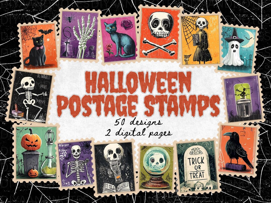 Vintage Halloween Faux Postage Stamps: Spooky Ephemera Stickers (PNG ...