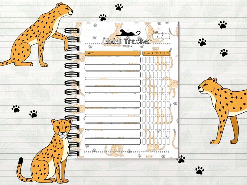 Cheetah Habit Tracker Printable, Weekly Journal Insert, Productivity ...