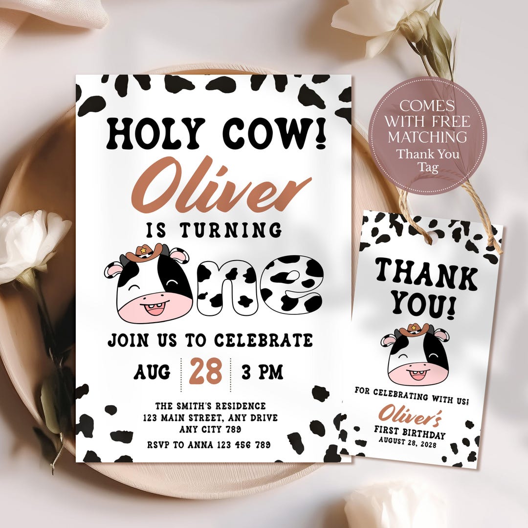 Cow Print Farm Animal Birthday Invite for Boy Turning 1 Year Old ...