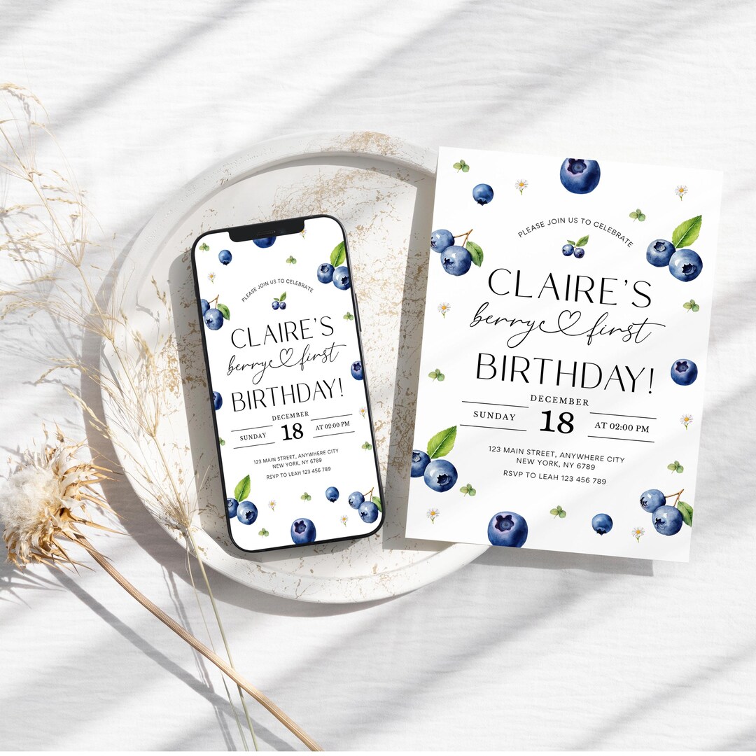 Editable Blueberry Birthday Invitation Template, Berry First Birthday ...