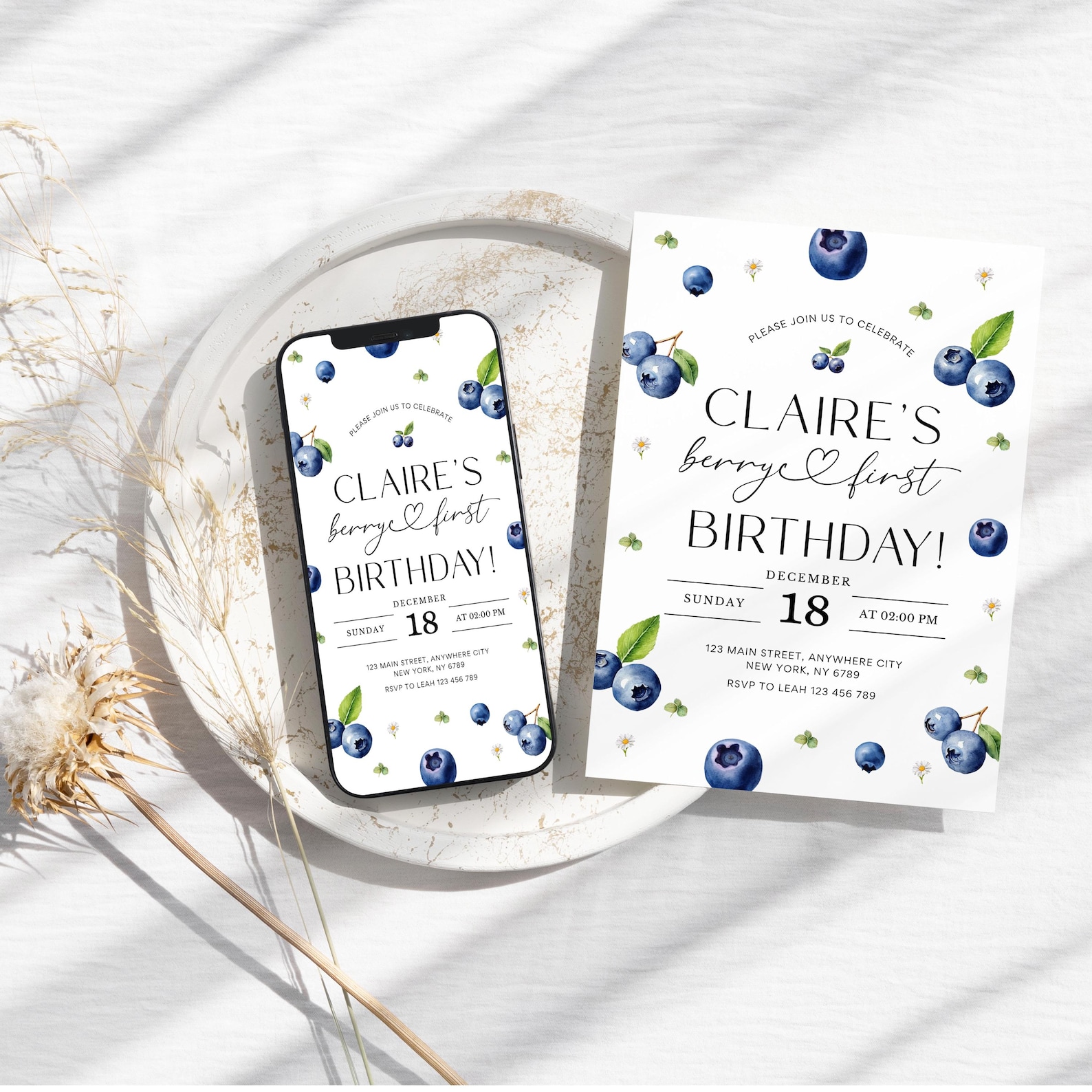 Editable Blueberry Birthday Invitation Template, Berry First Birthday ...