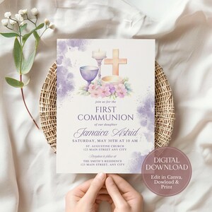 Lavender Girls First Communion Invitation Template Purple Classic ...