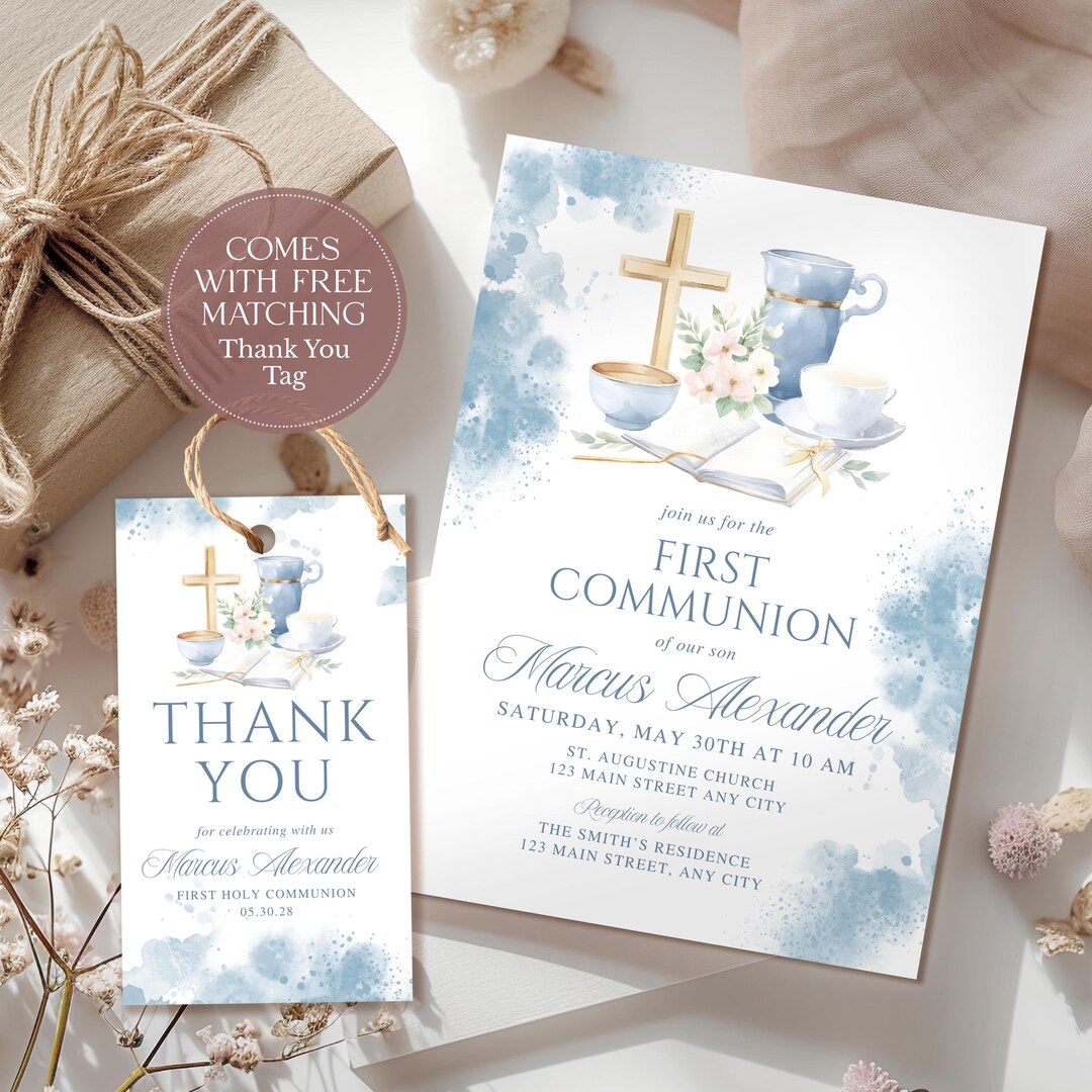 Blue Boys First Communion Invitation Template Blue Classic Minimalist ...