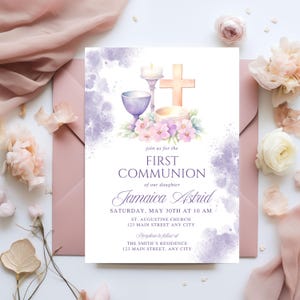 Lavender Girls First Communion Invitation Template Purple Classic ...