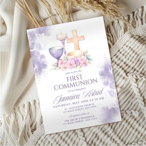 Lavender Girls First Communion Invitation Template Purple Classic ...