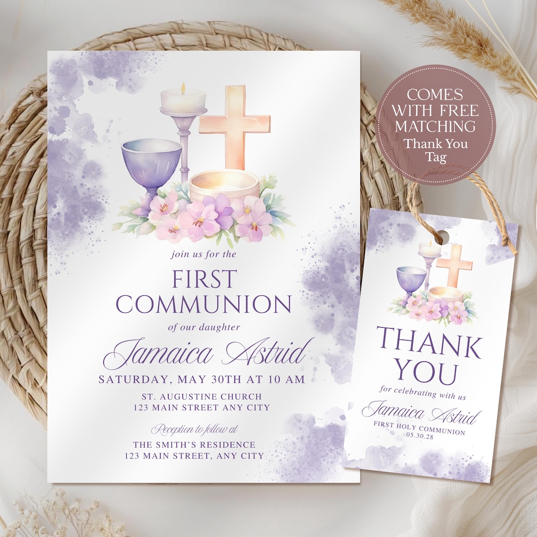 Lavender Girls First Communion Invitation Template Purple Classic ...
