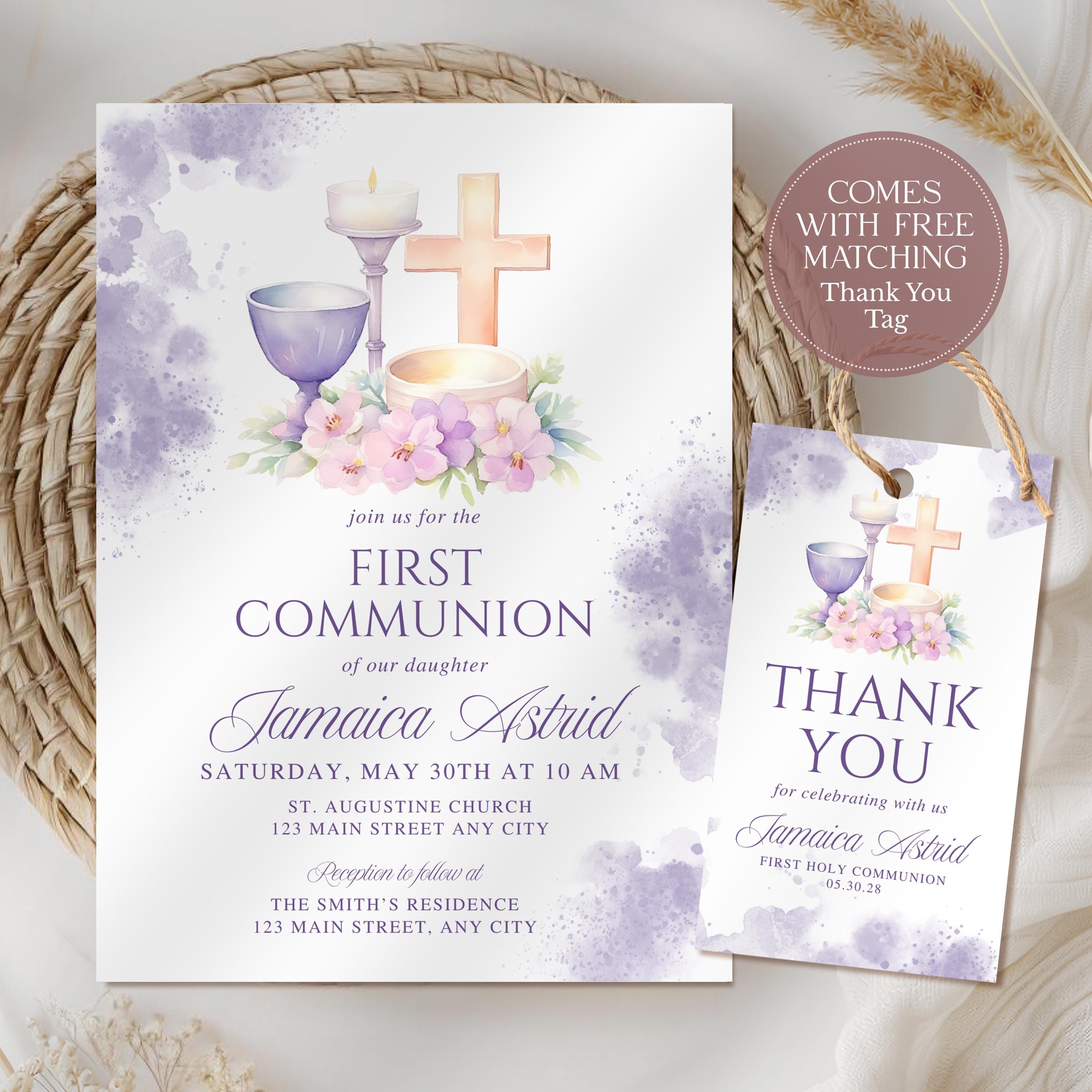 Lavender Girls First Communion Invitation Template Purple Classic ...