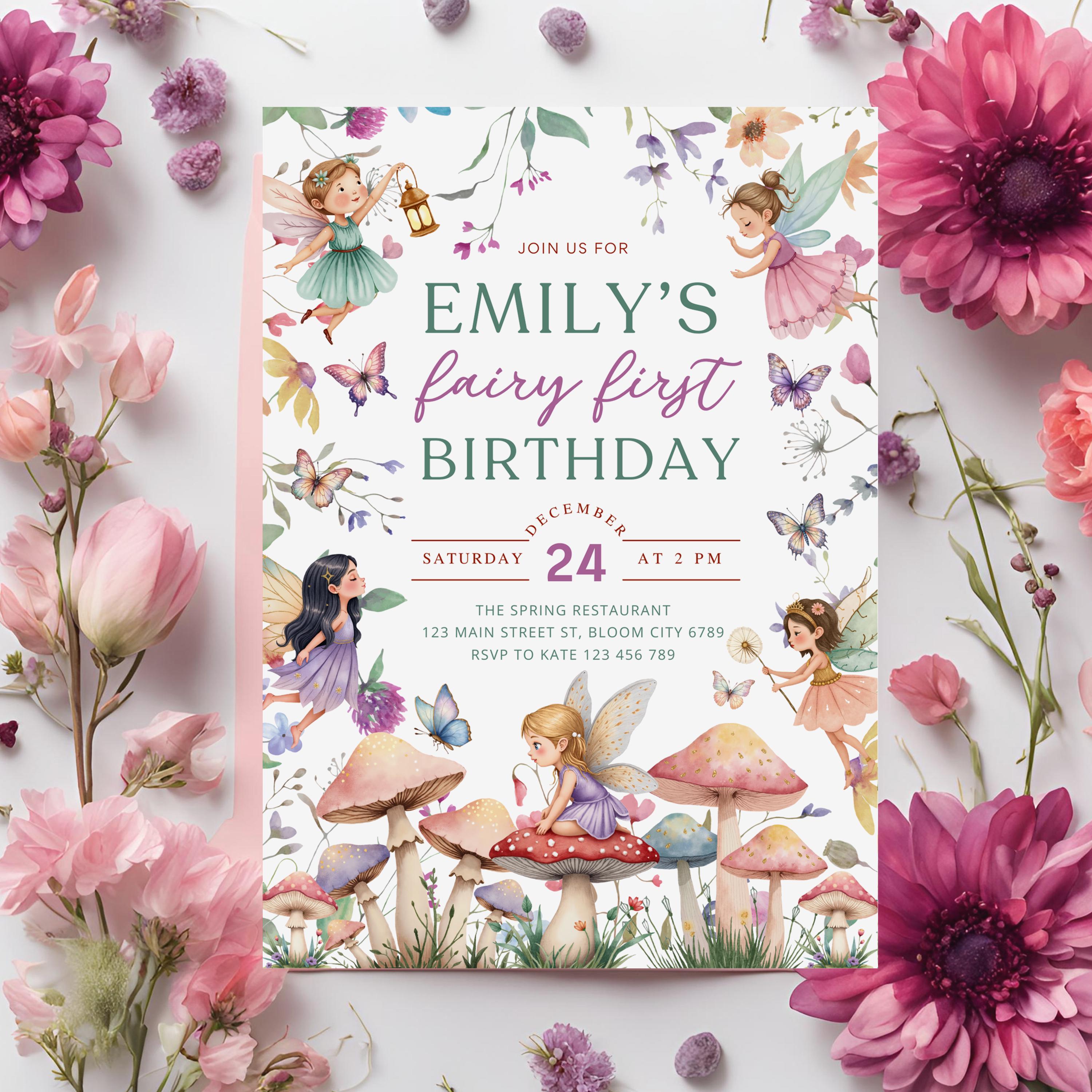 Fairy First Birthday Invitation Girl, Enchanted Garden Fairy Invitation ...