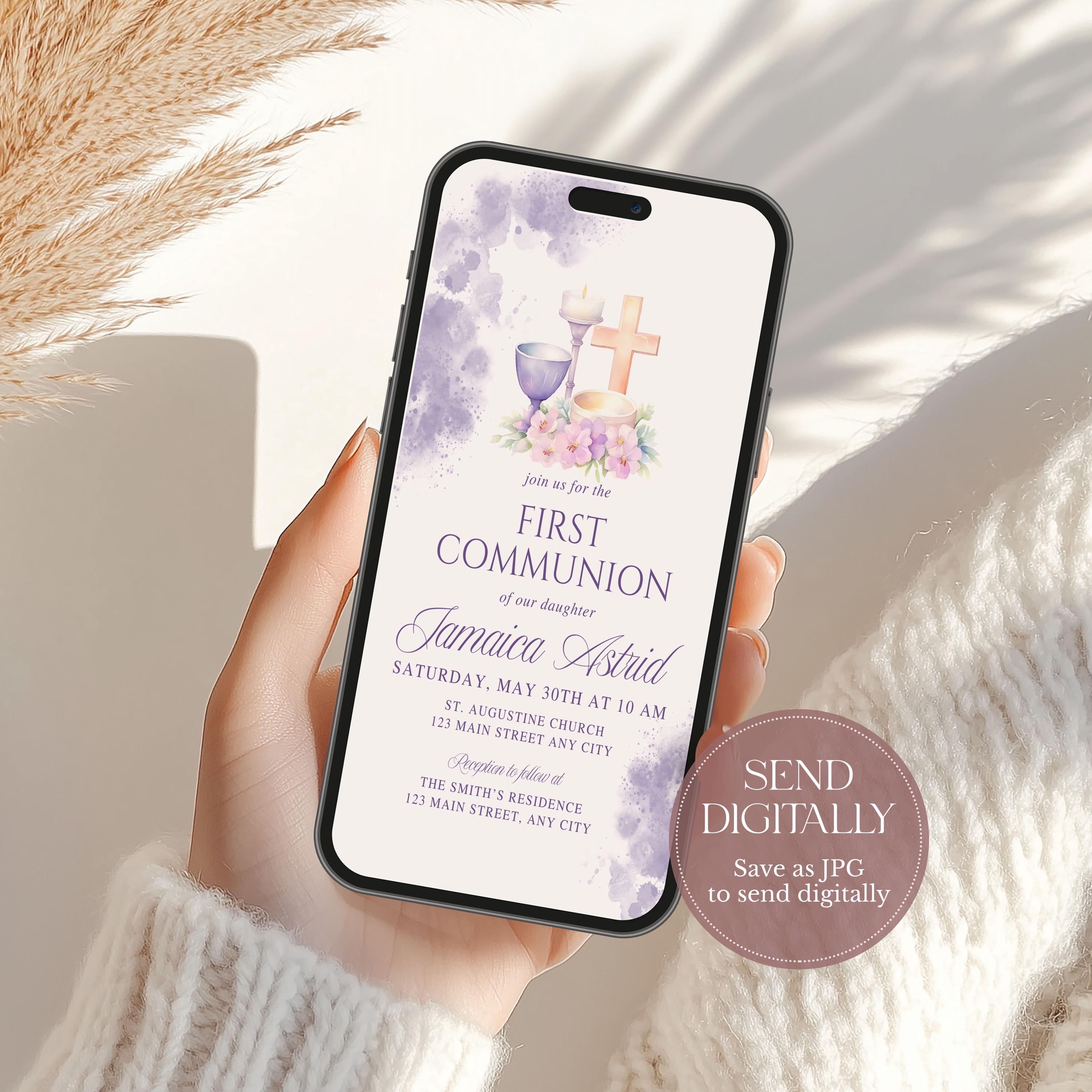 Lavender Girls First Communion Invitation Template Purple Classic ...