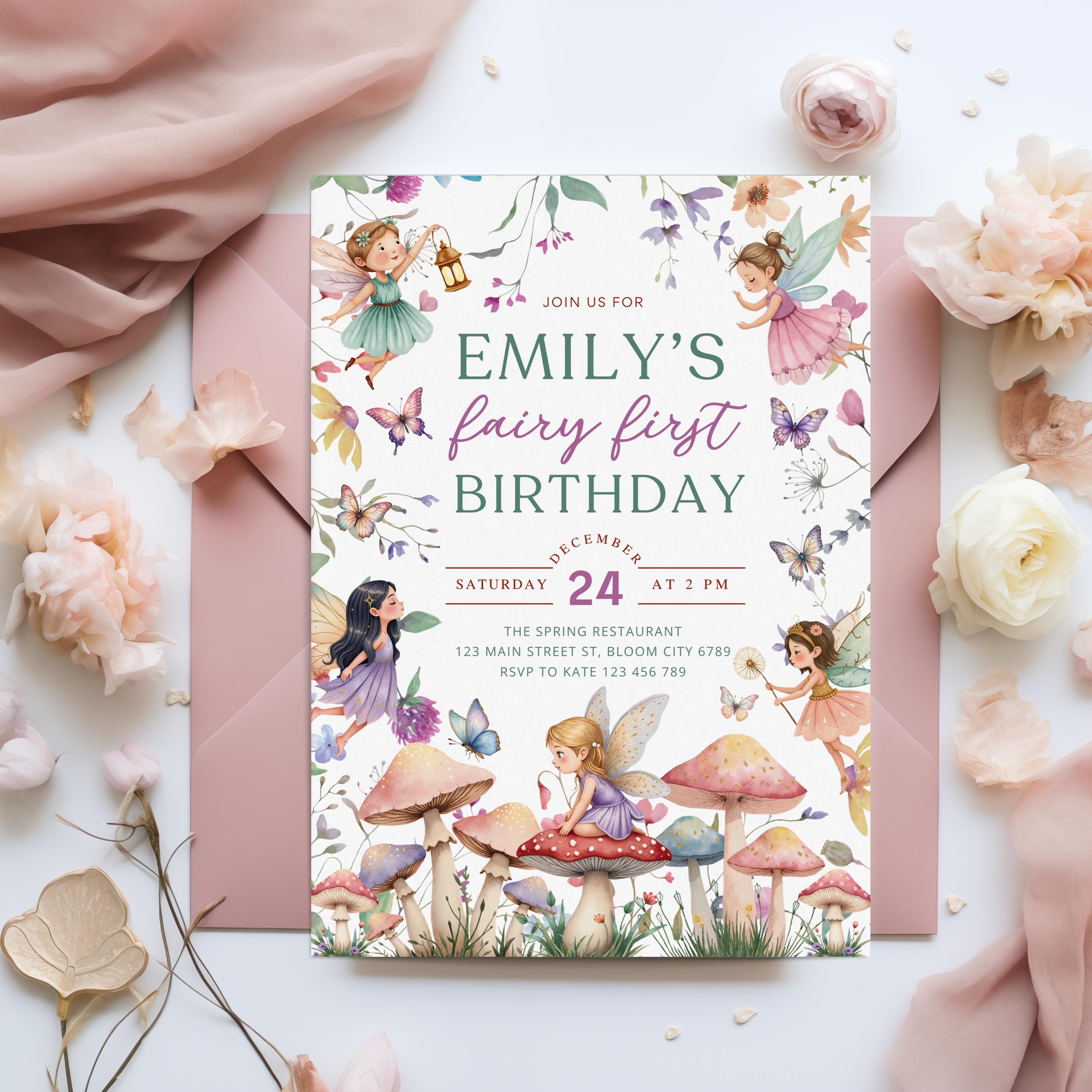 Fairy First Birthday Invitation Girl, Enchanted Garden Fairy Invitation ...